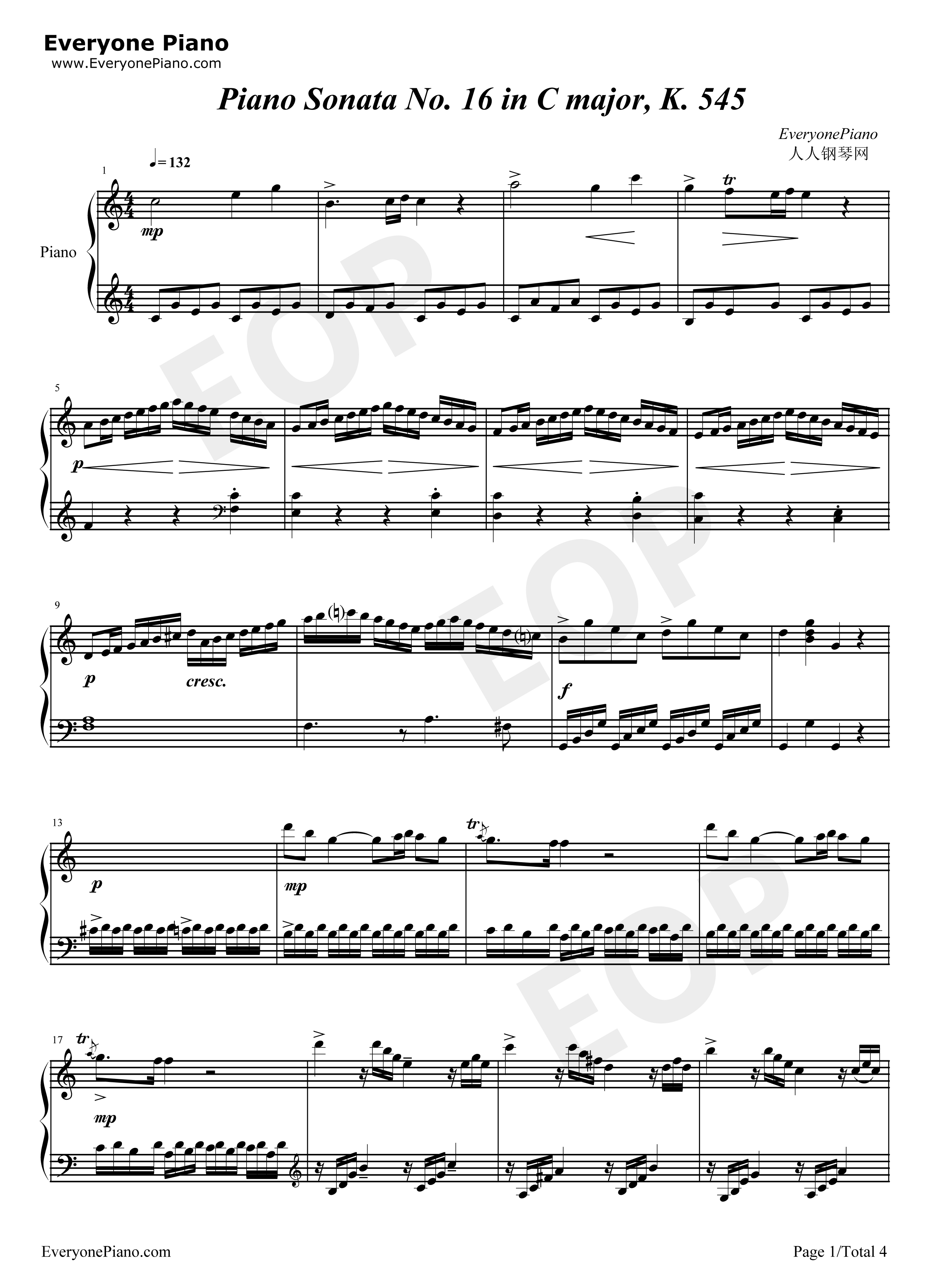 Piano Sonata No 16 In C Major K 545 Stave Preview